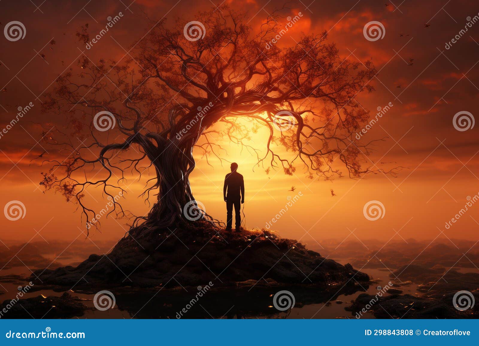 A Man Stands Under the Tree at Sunset Stock Photo - Image of orange ...