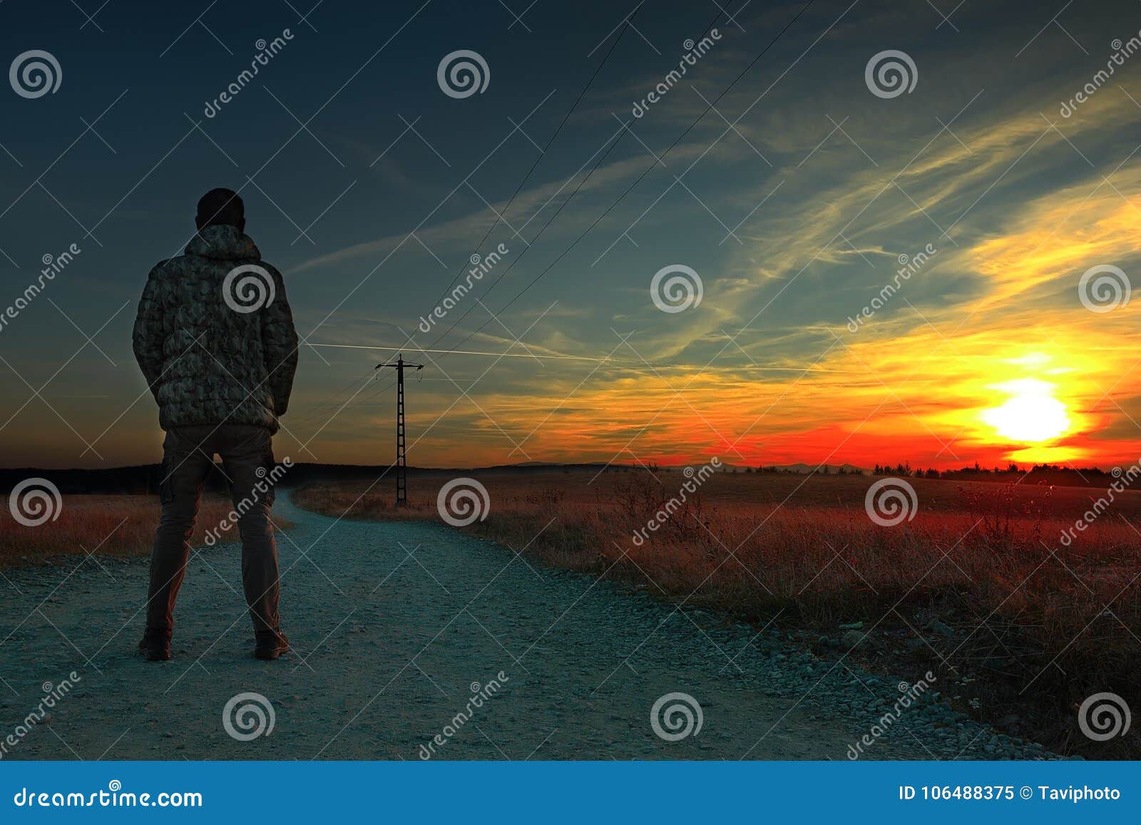 Man staring at the sunset stock image. Image of standing - 106488375
