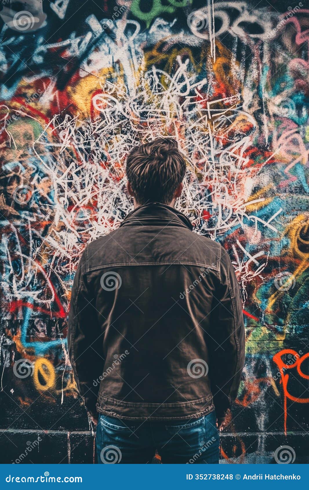 A Man Staring at a Graffiti-covered Wall Deciphering Messages Hidden in ...