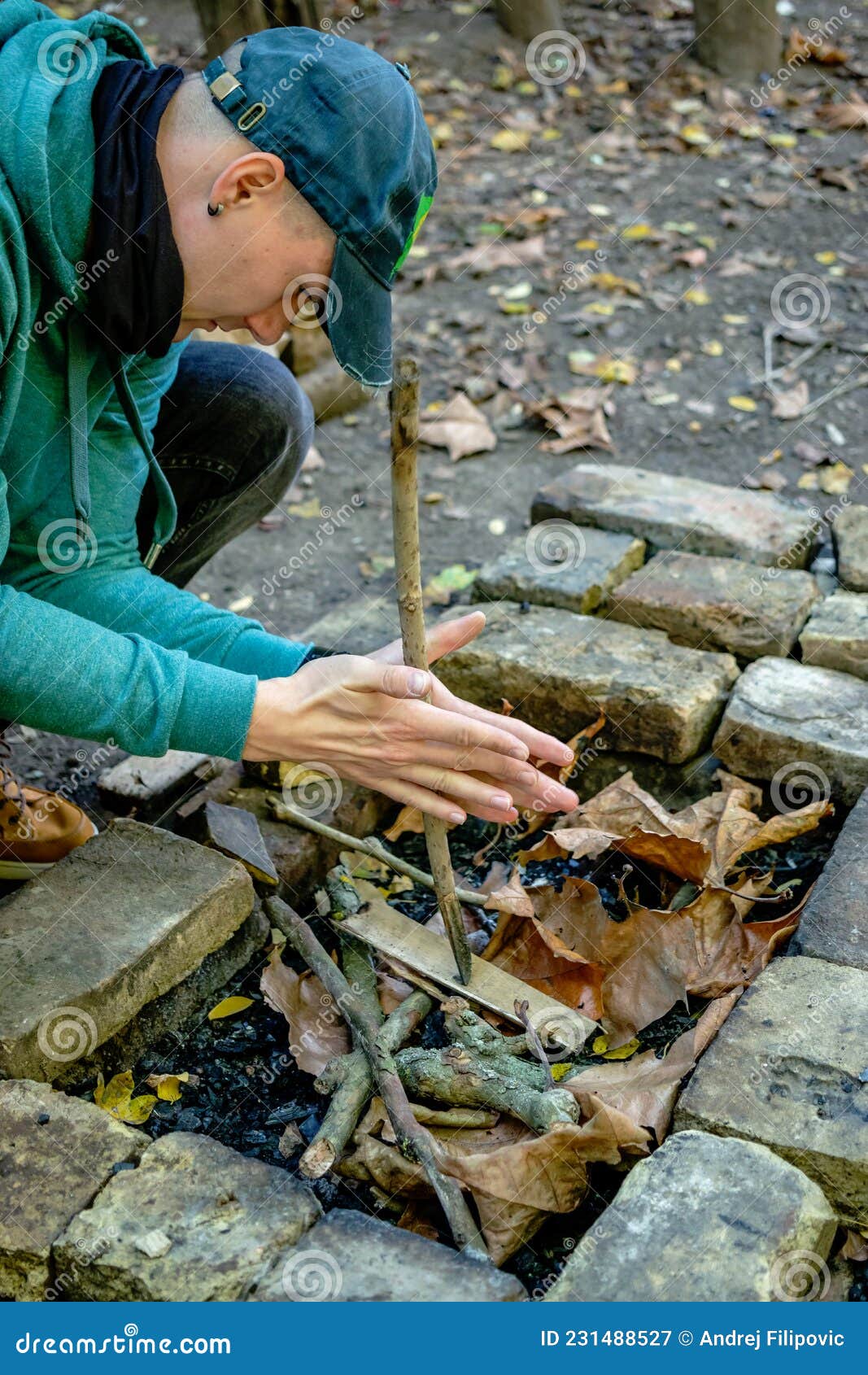 Man Starting a Fire for the Barbeque in the Woods. Stock Image - Image ...