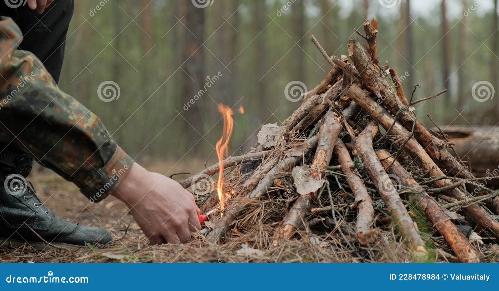 Man Starts a Fire in the Forest Using a Lighter. Close-up of a Man`s ...