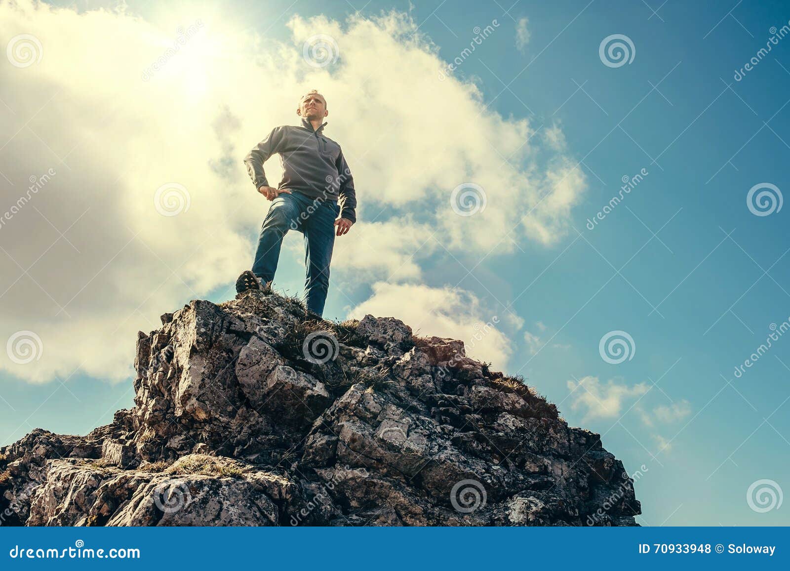 Man Stay on the Top of Mountain Stock Photo - Image of adventure ...
