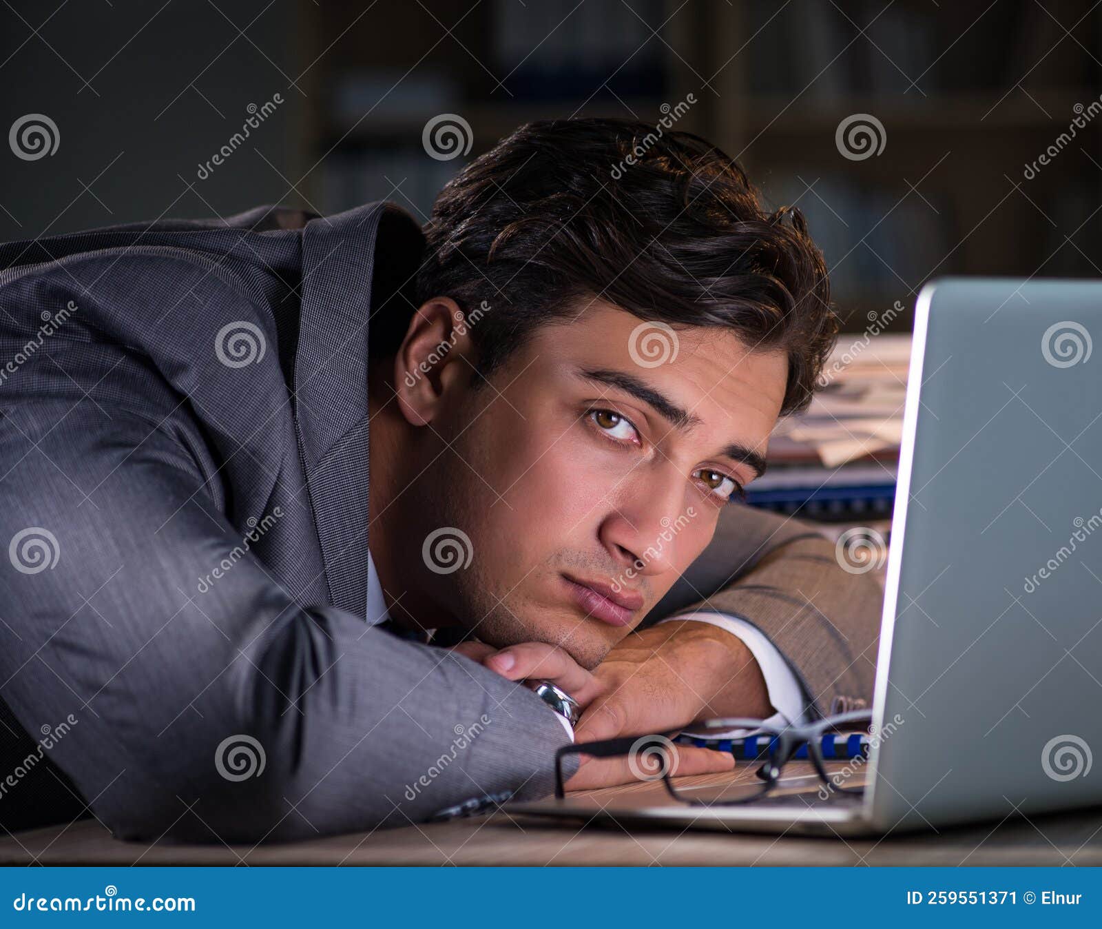Man Staying in the Office for Long Hours Stock Image - Image of ...