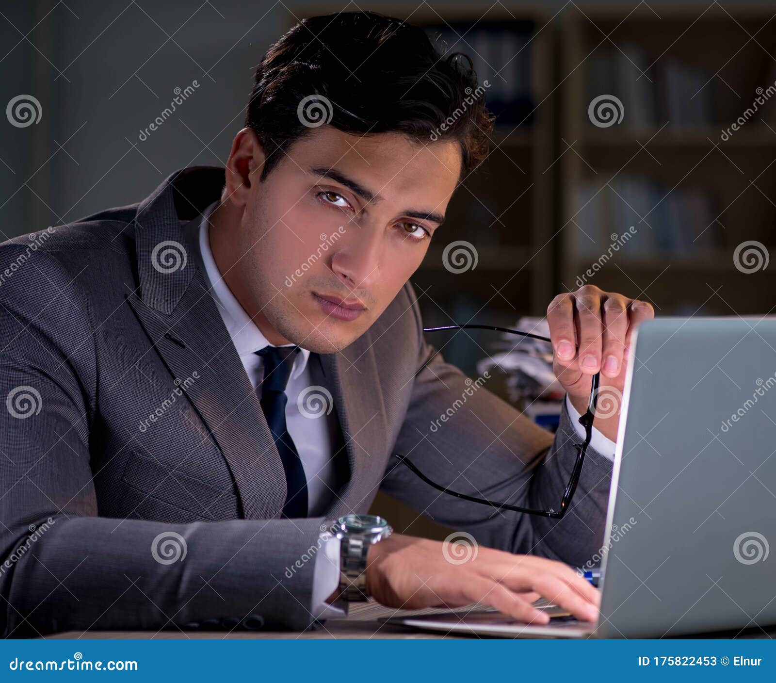 Man Staying in the Office for Long Hours Stock Image - Image of ...