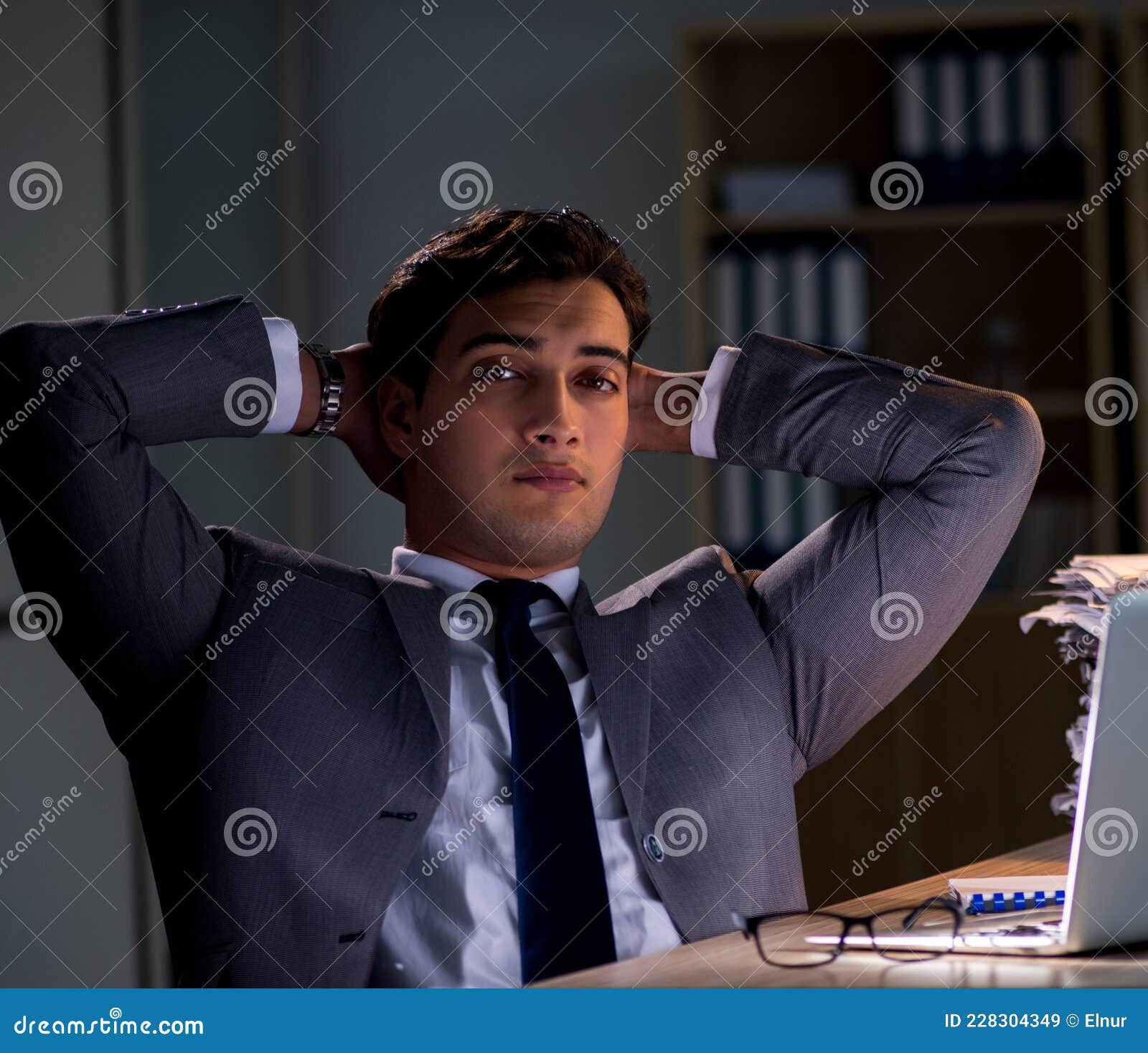 Man Staying in the Office for Long Hours Stock Image - Image of ...