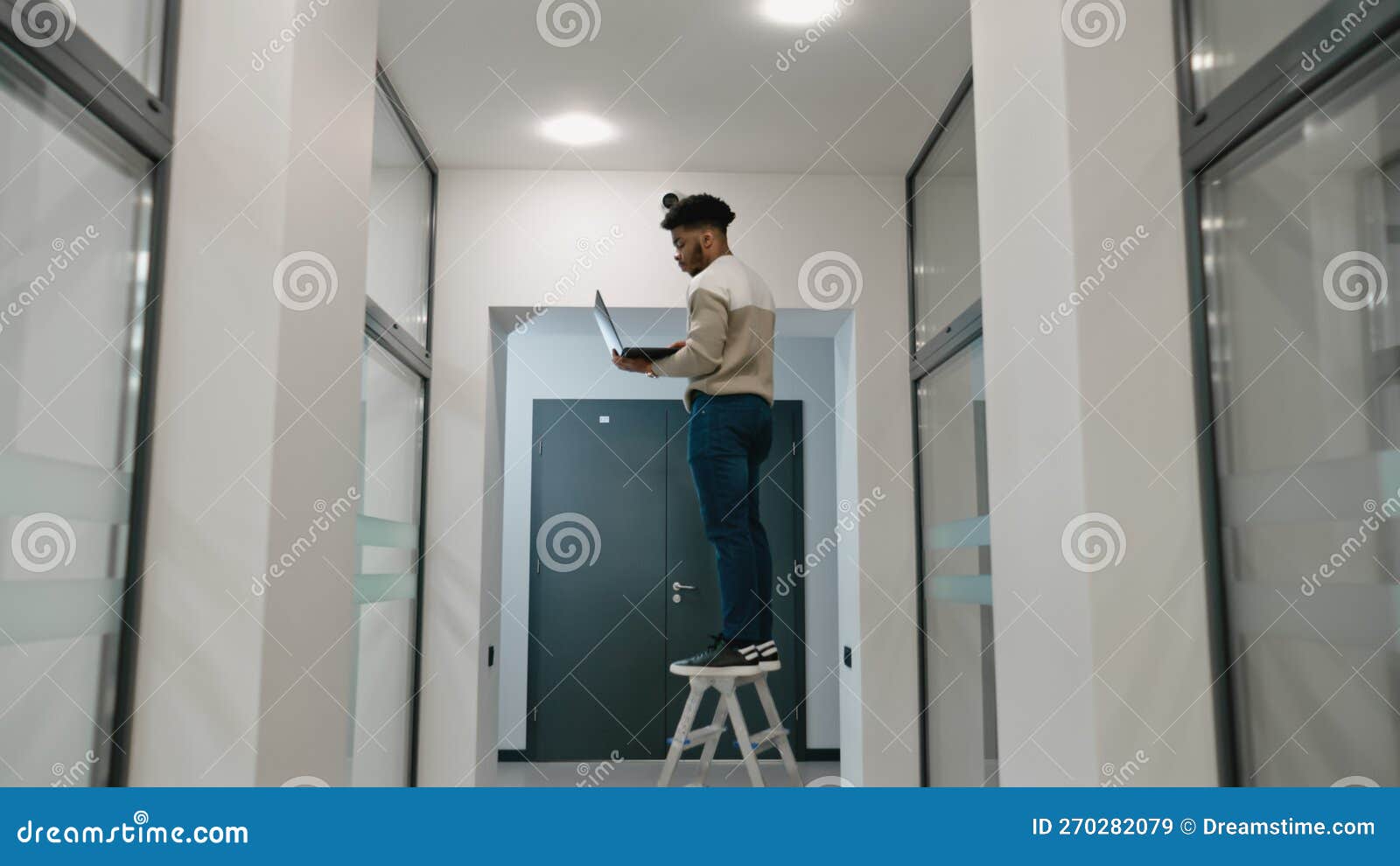 Man Stays on Ladder and Checks CCTV Cameras in Computer Program Stock ...