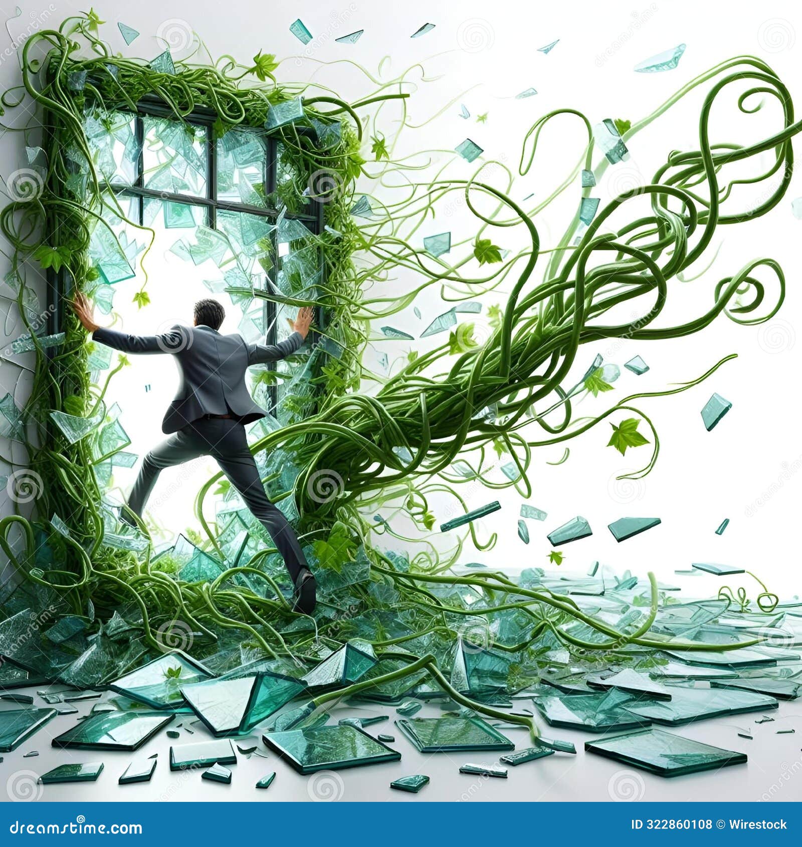 A Man that is Walking Out of a Window with Green Vines Stock ...