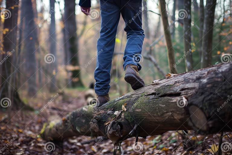 Man Stepping Over a Fallen Log on the Path Stock Photo - Image of trail ...