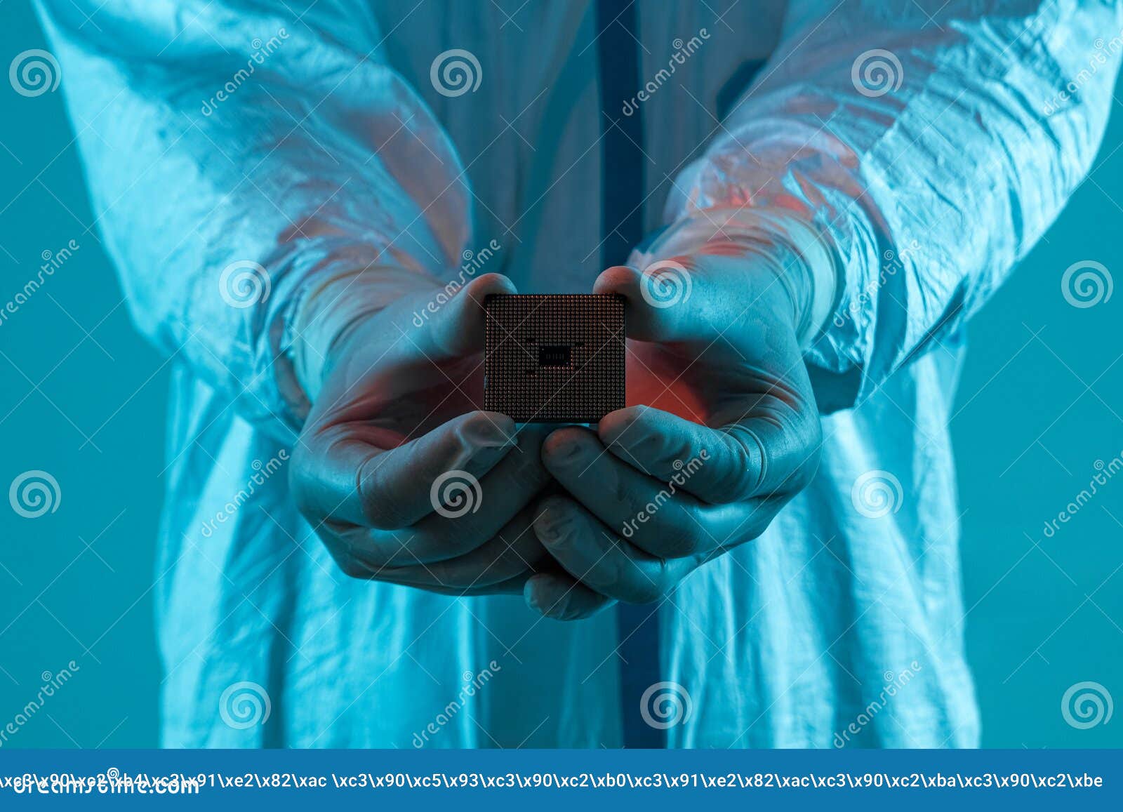 A Man in Sterile Form Holds a Microprocessor, Close-up. Microchip ...