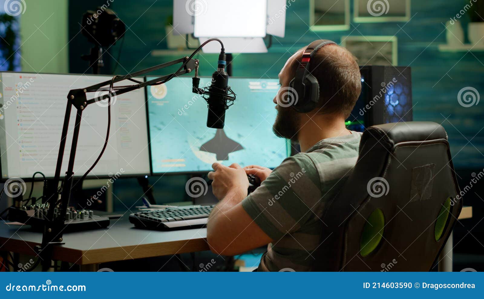 Man Streamer Playing Space Shooter Video Games Using Controller Stock ...