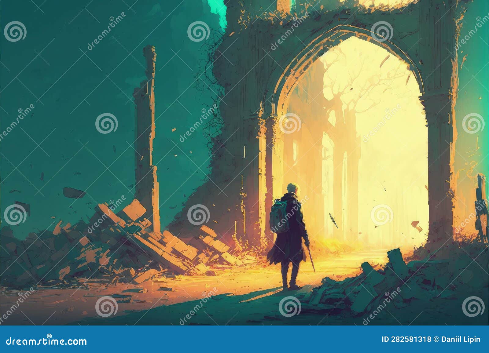 A Man Strides Towards the Gate of Light Amidst the Colossal Ruins Stock ...