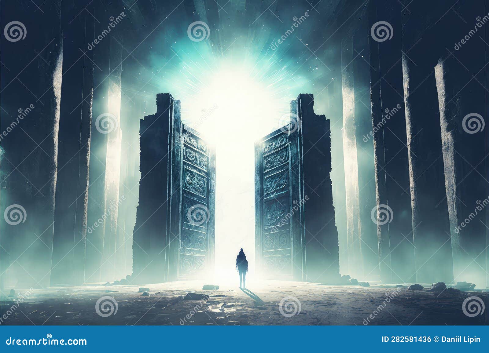 A Man Strides Towards the Gate of Light Amidst the Colossal Ruins Stock ...