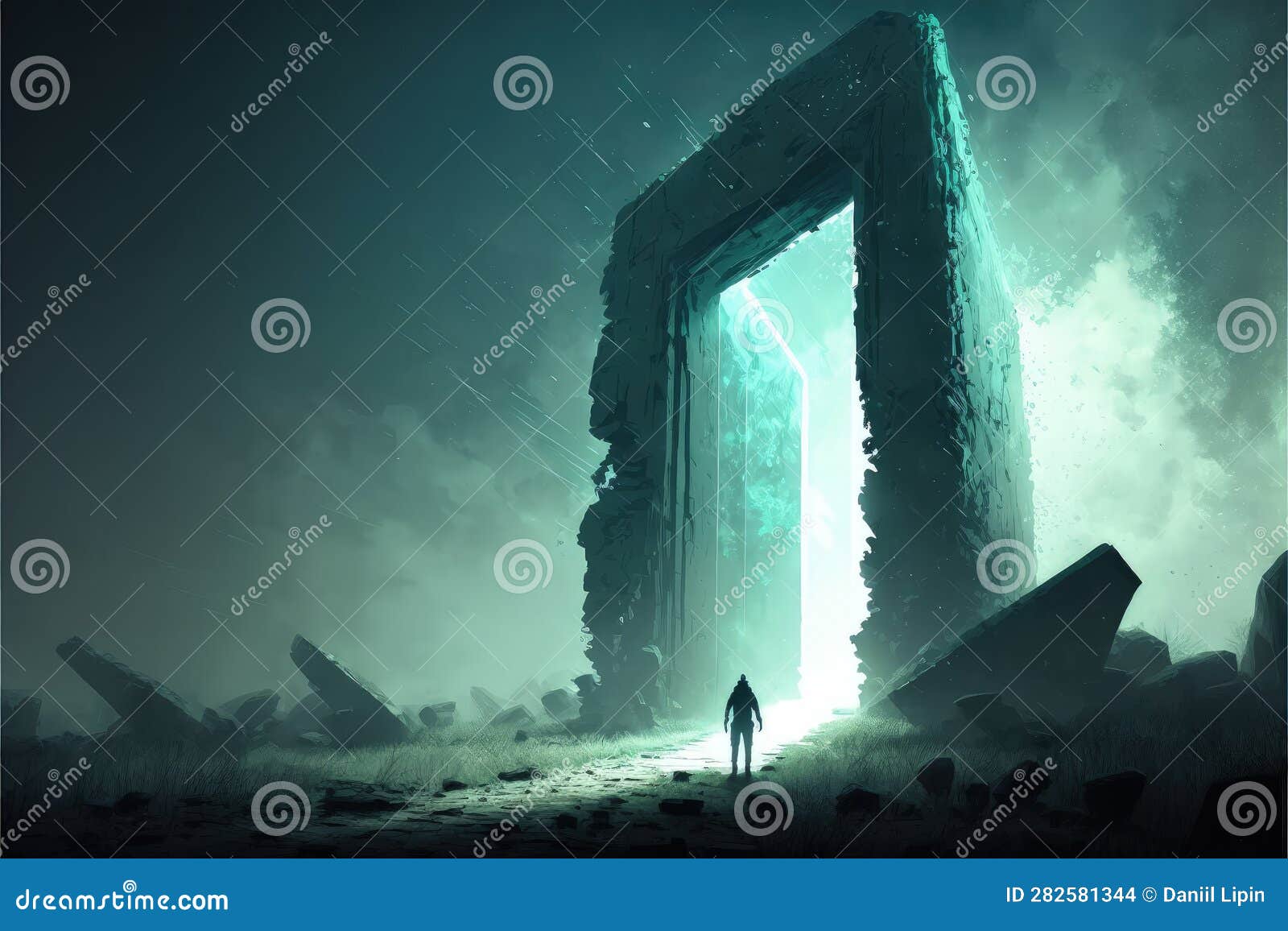 A Man Strides Towards the Gate of Light Amidst the Colossal Ruins Stock ...