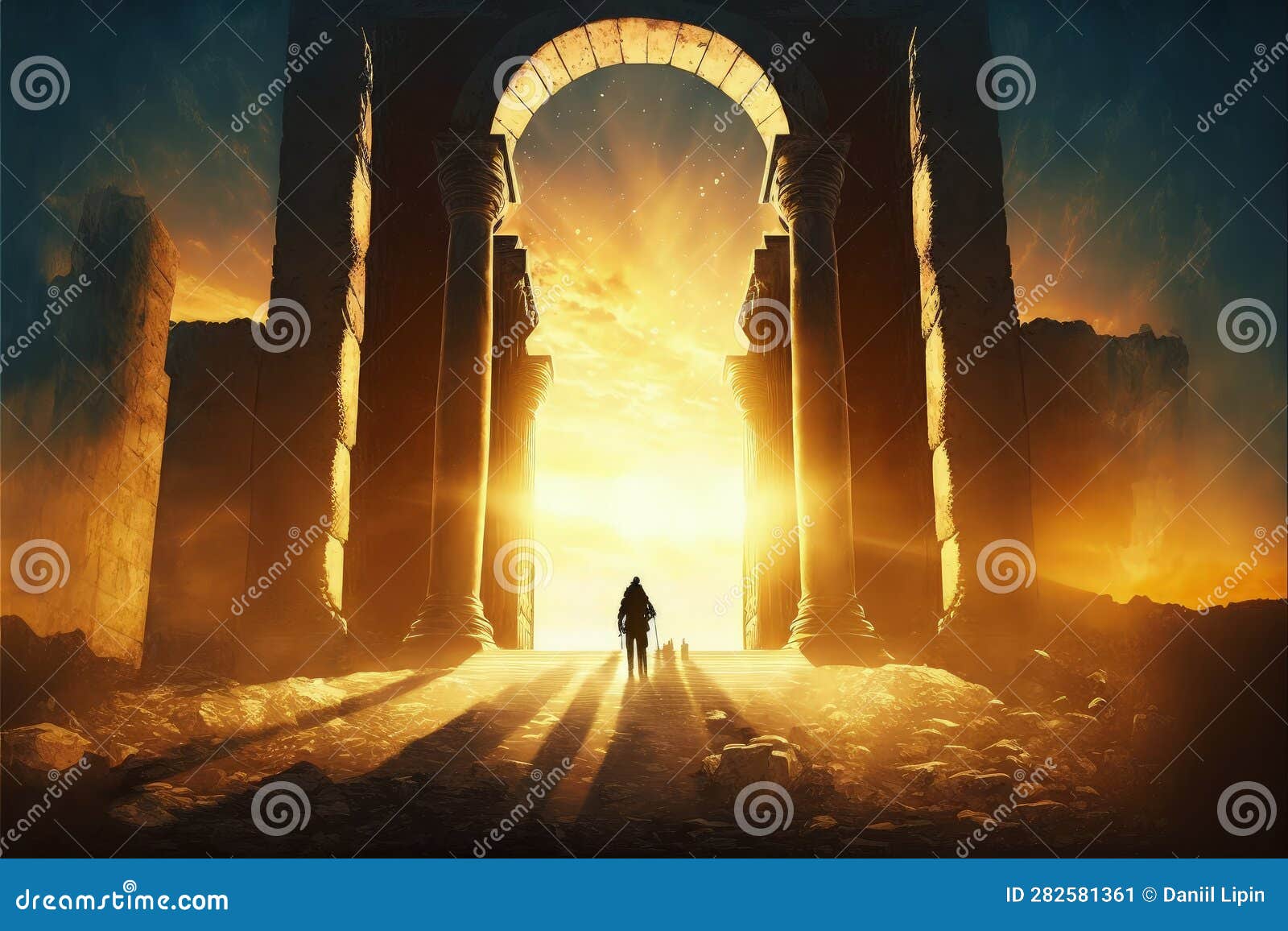 A Man Strides Towards The Gate Of Light Amidst The Colossal Ruins Stock ...