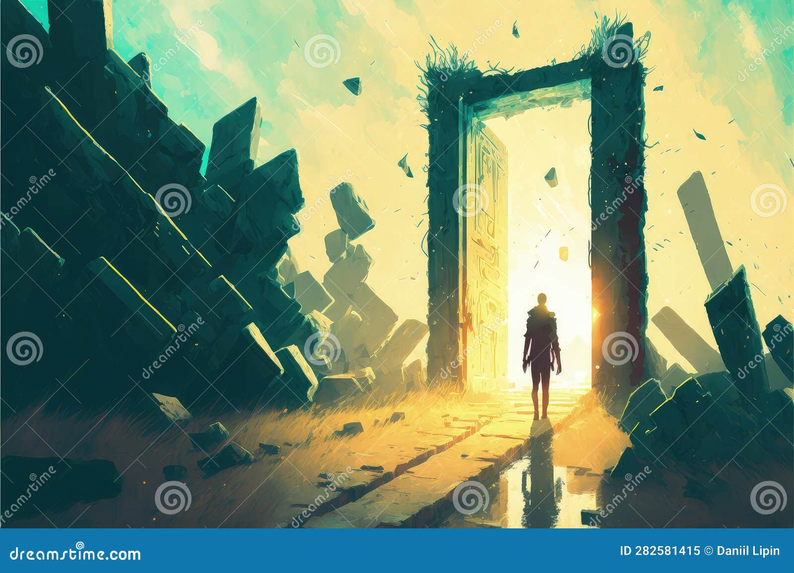 A Man Strides Towards the Gate of Light Amidst the Colossal Ruins Stock ...