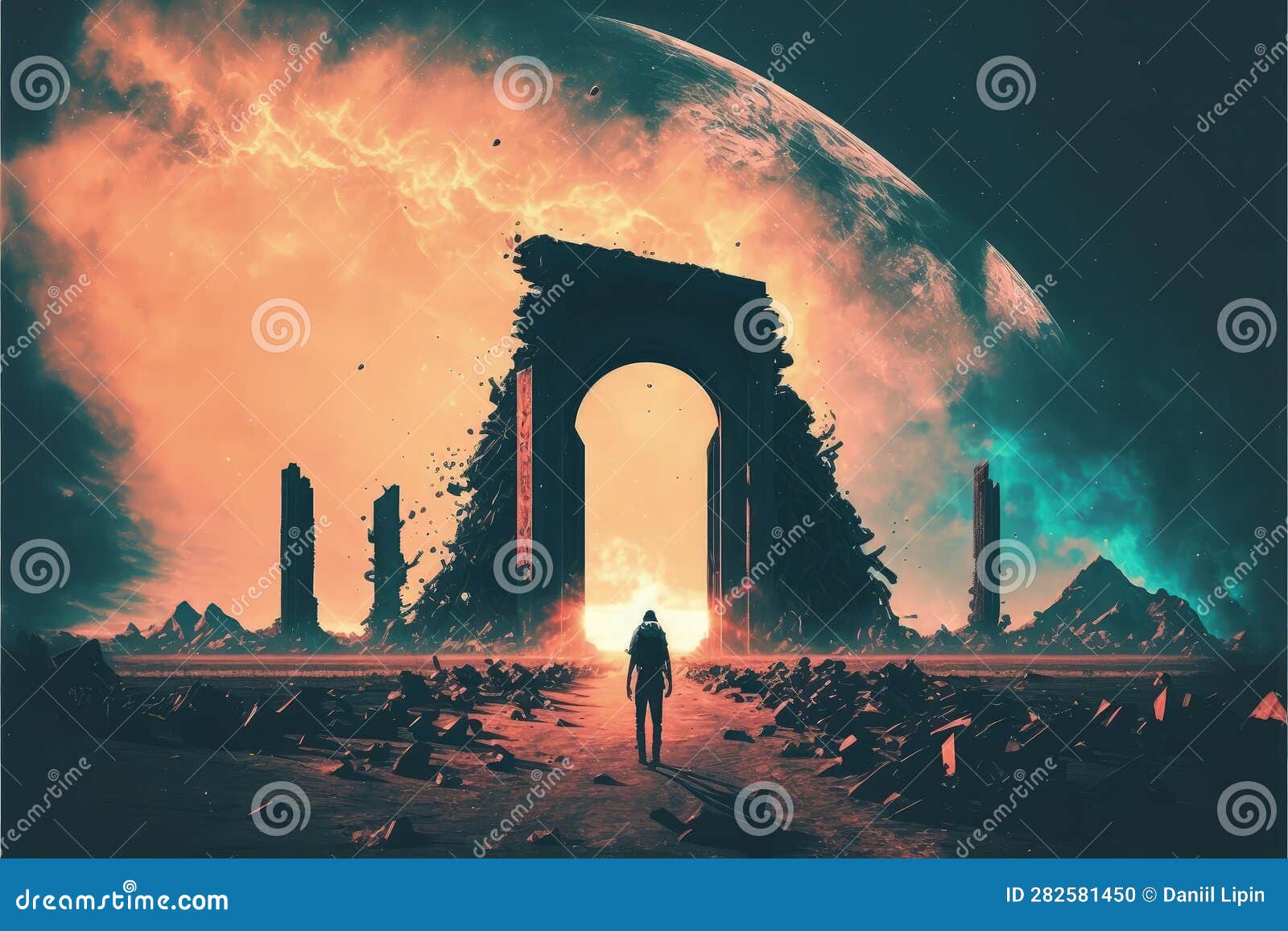 A Man Strides Towards the Gate of Light Amidst the Colossal Ruins Stock ...