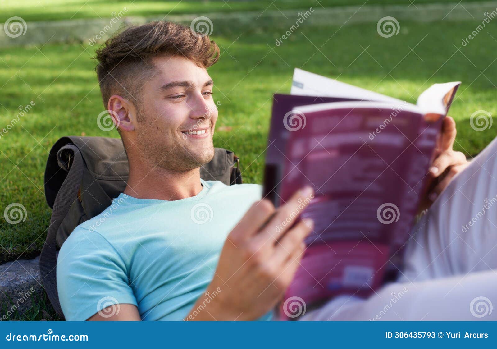 Man, Student and Book on Grass for Reading, Smile and Ideas with ...