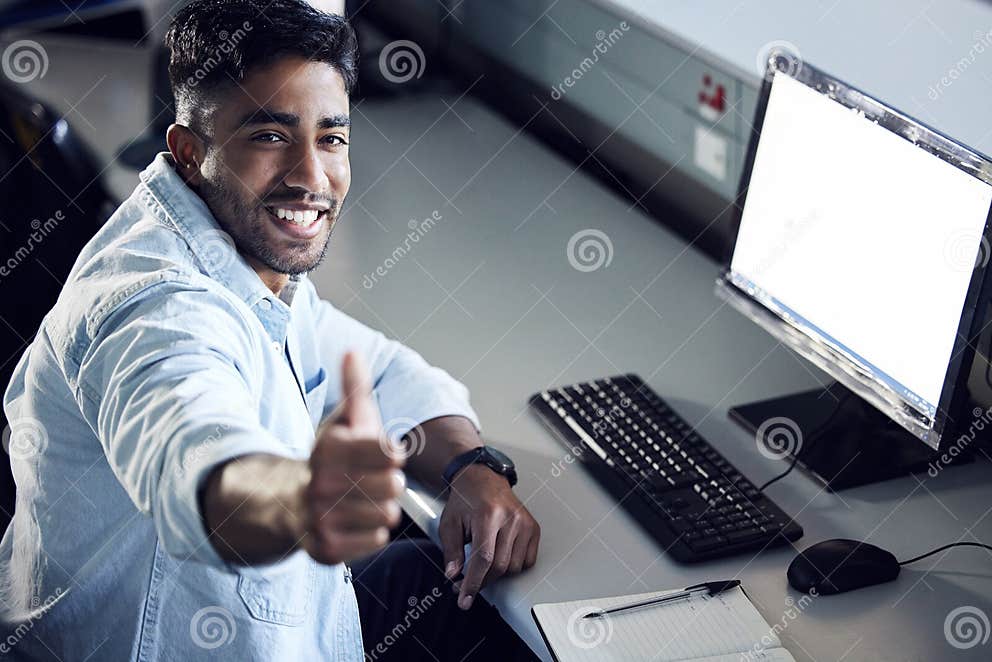 Man, Student and Portrait with Thumbs Up by Computer at it College with ...