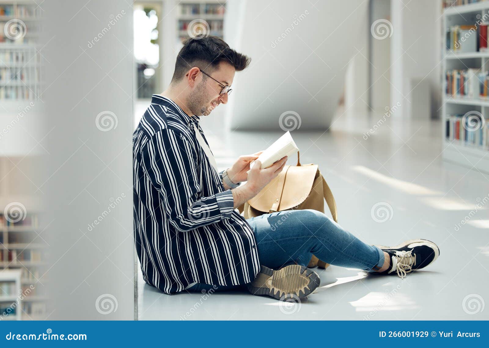 Man, Student and Reading in Library with Book for Knowledge, Education ...