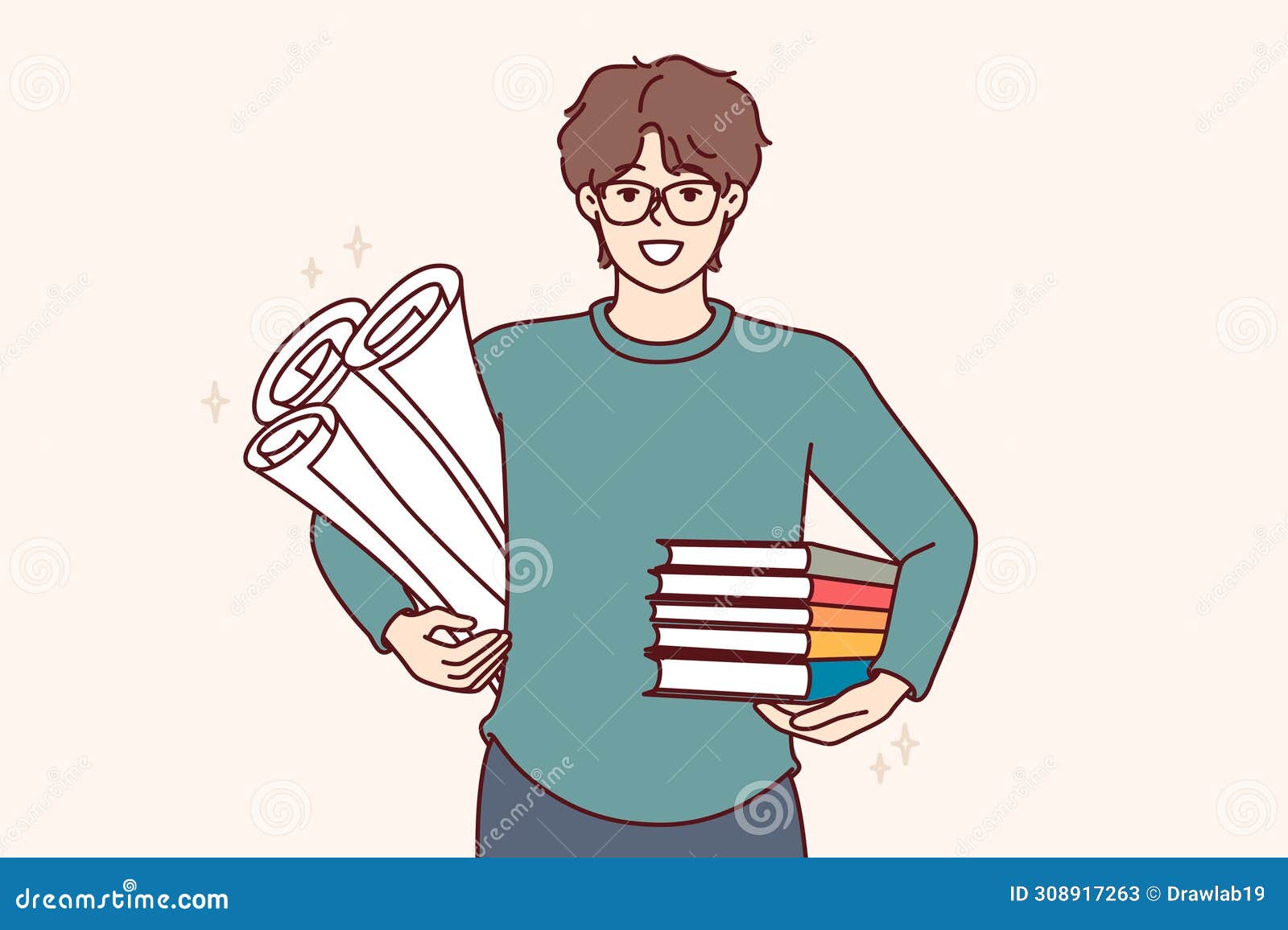 Man Student with Textbooks and Papers for Creating Engineering Drawings ...