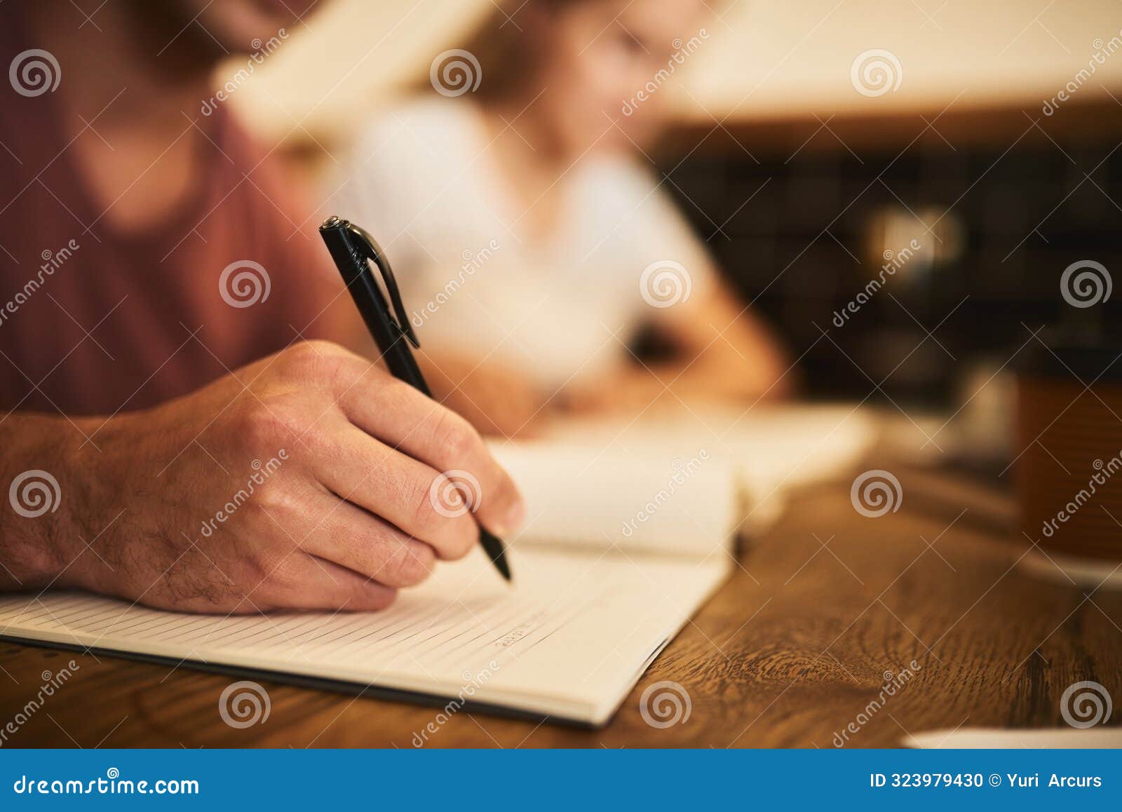 Man, Student and Writing with Hand in Cafe, Notebook and University ...