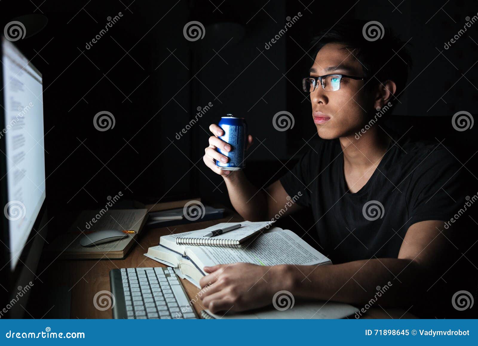 Man Studying with Computer and Drinking Soda Stock Image - Image of ...