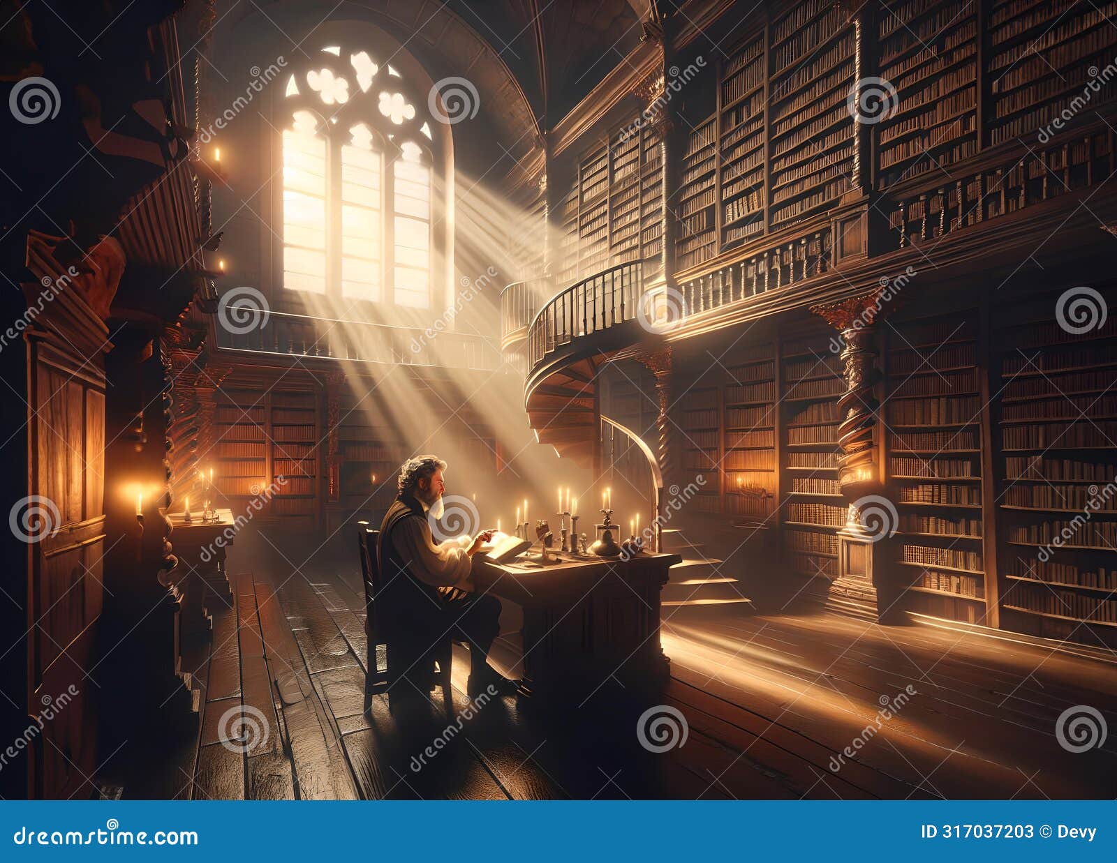 Man Studying in an Old Library Stock Illustration - Illustration of ...