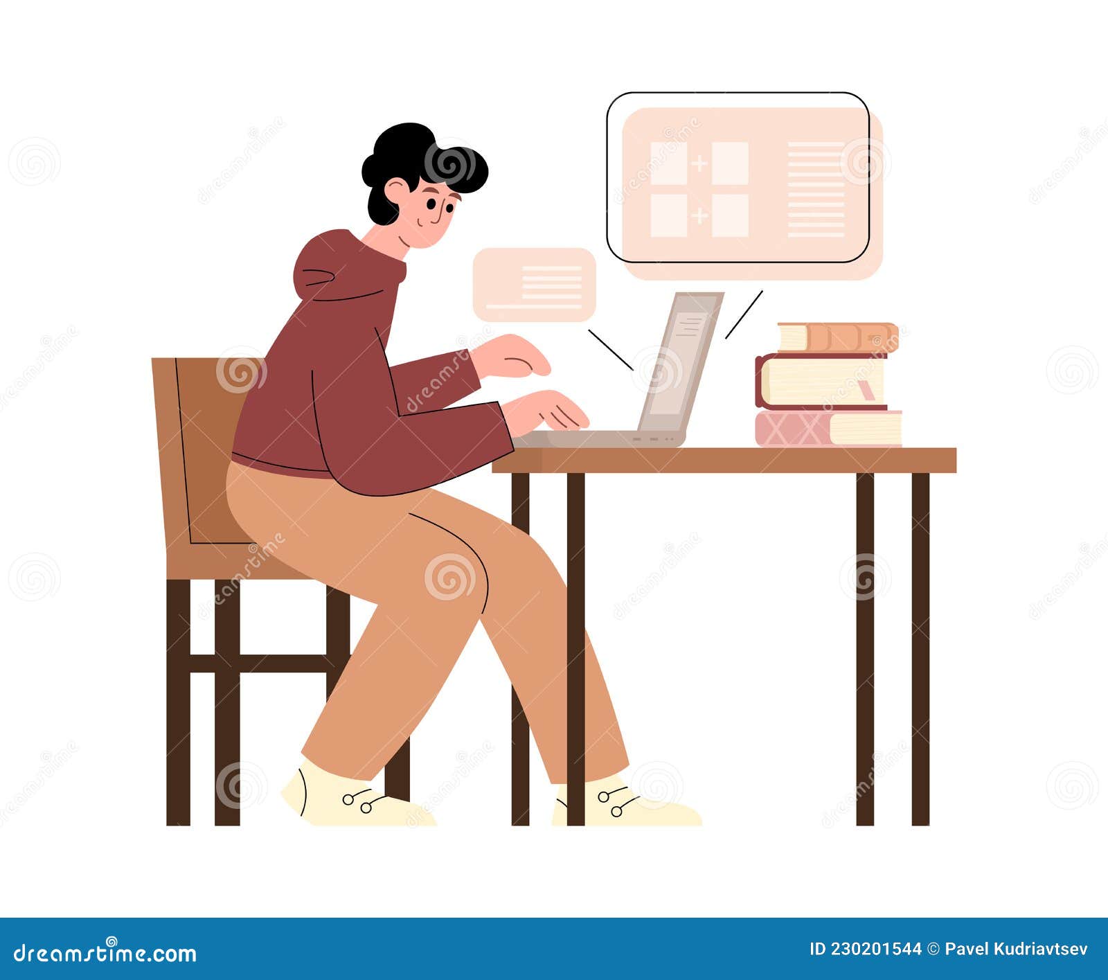 Man Studying Online Using Desktop Computer, Flat Vector Illustration ...