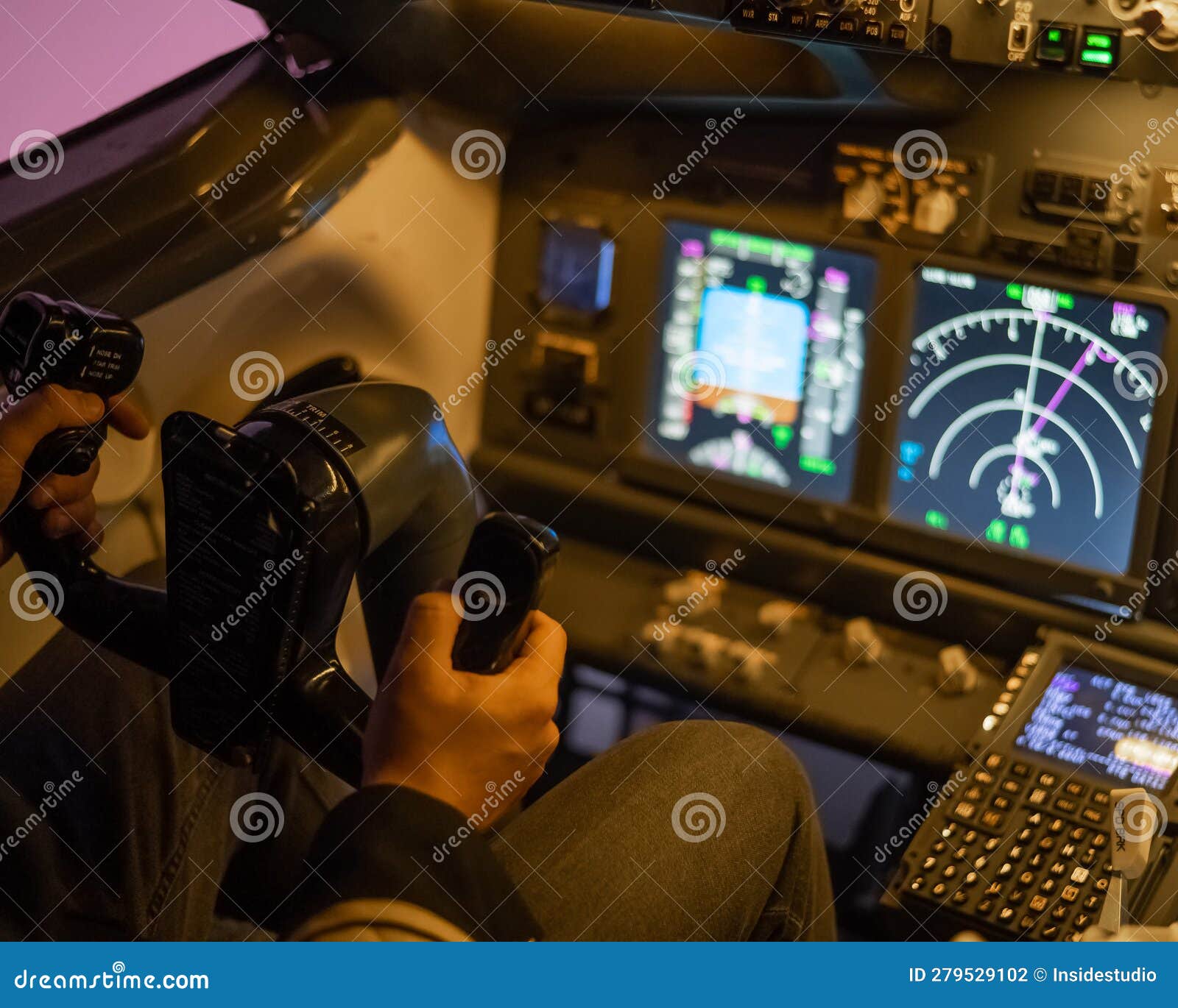A Man is Studying To Be a Pilot in a Flight Simulator. Close-up of Male ...