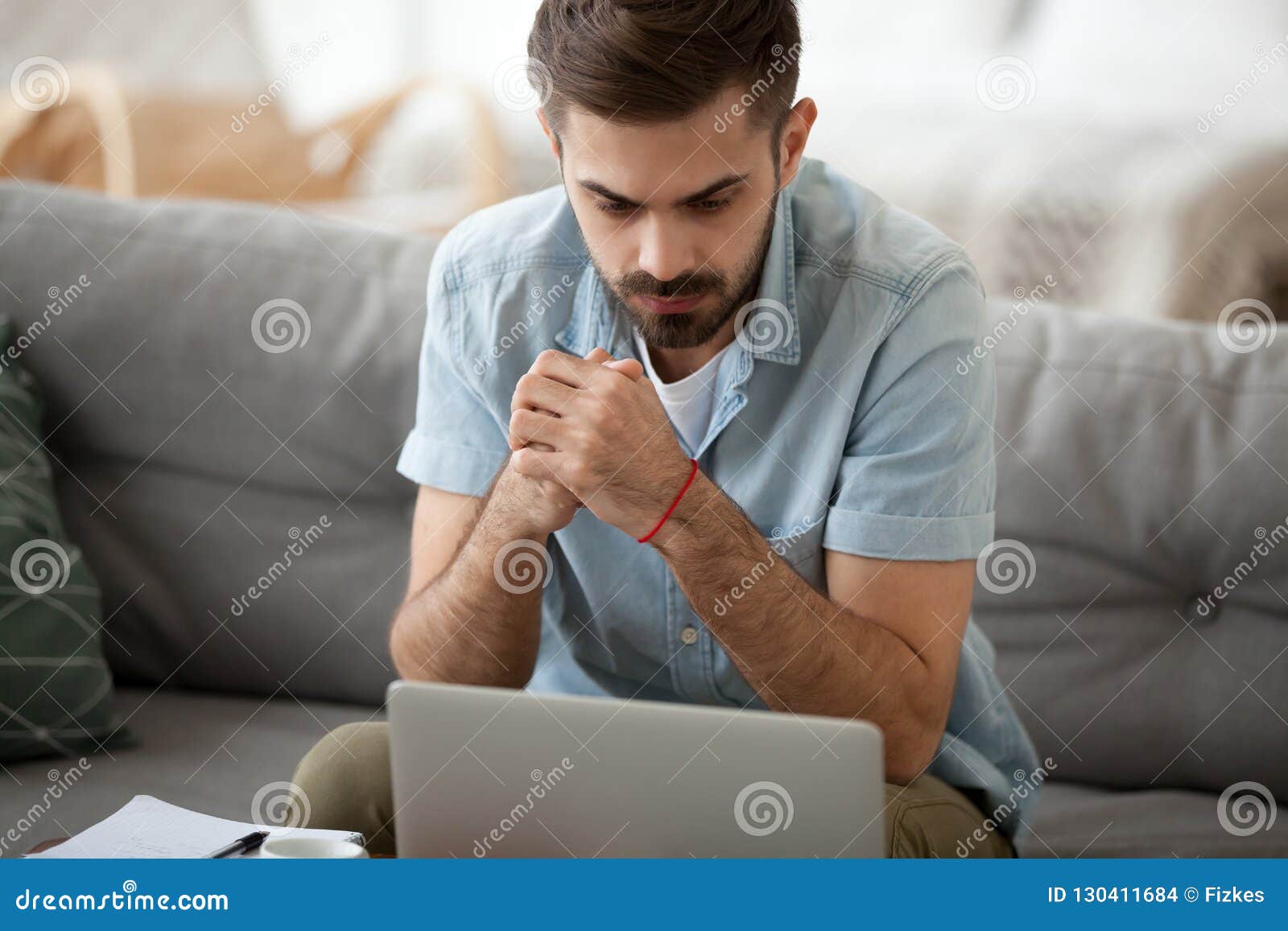 Man Studying Using Computer Reading Message Online Stock Photo - Image ...