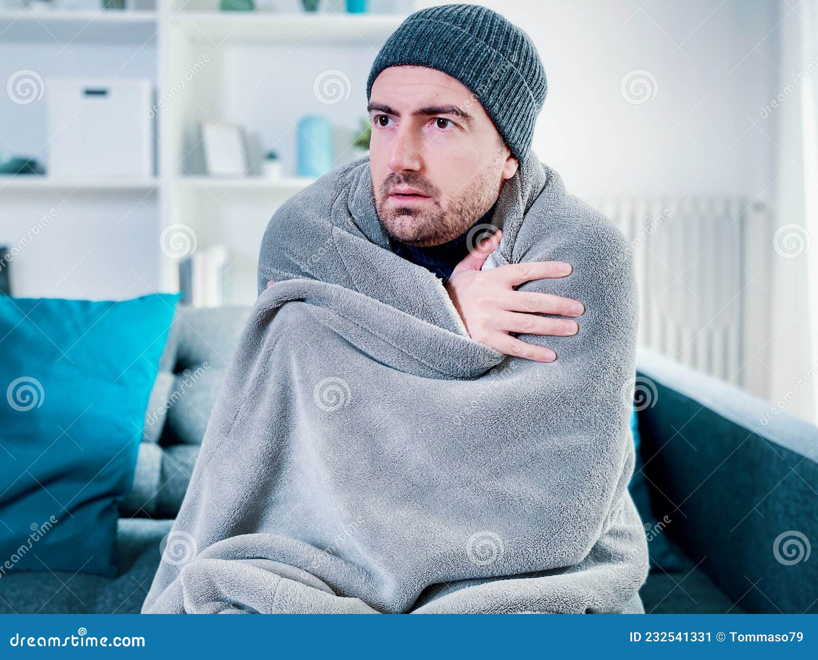 Man Suffering Cold at Home and Problem with House Heating Stock Image ...