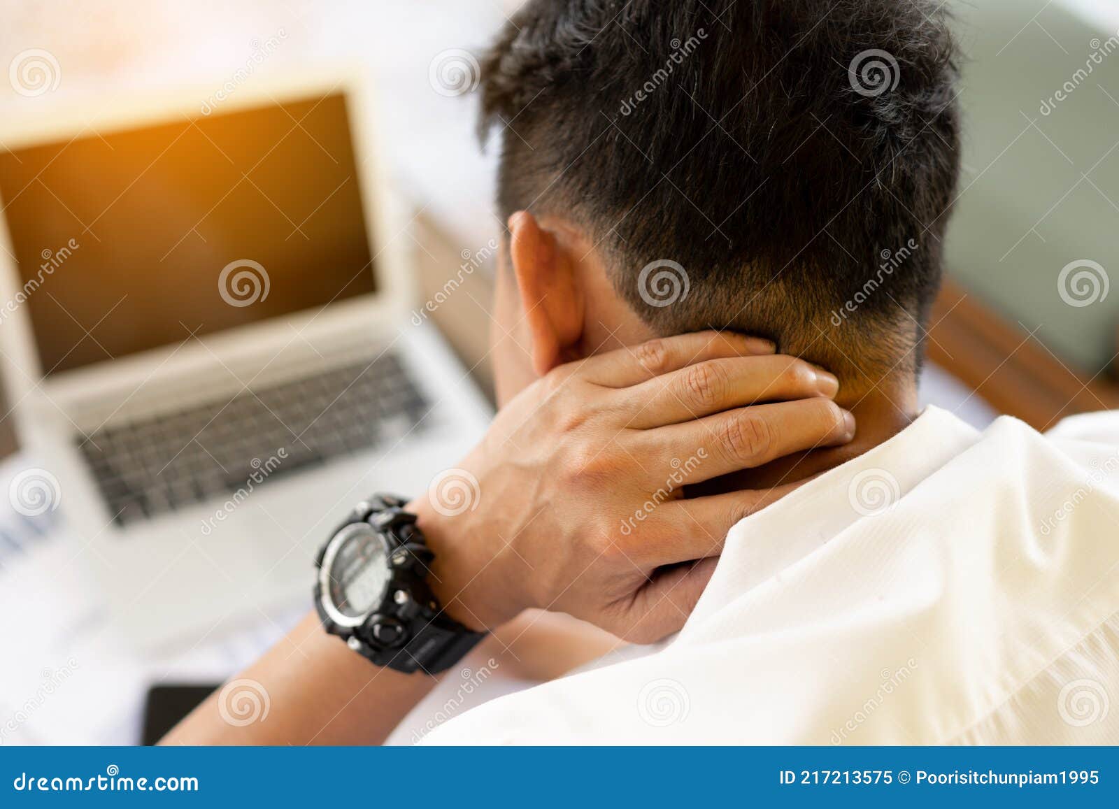 Man Suffering from Neck Pain while Working with Laptop Stock Image ...