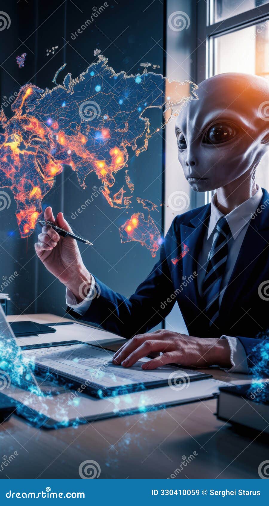 A Man in Suit with Alien Head Sitting at a Desk, AI Stock Illustration ...