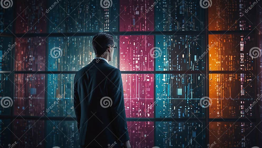 Man in Suit Analyzing Digital Data Streams on Large Screens in a High ...