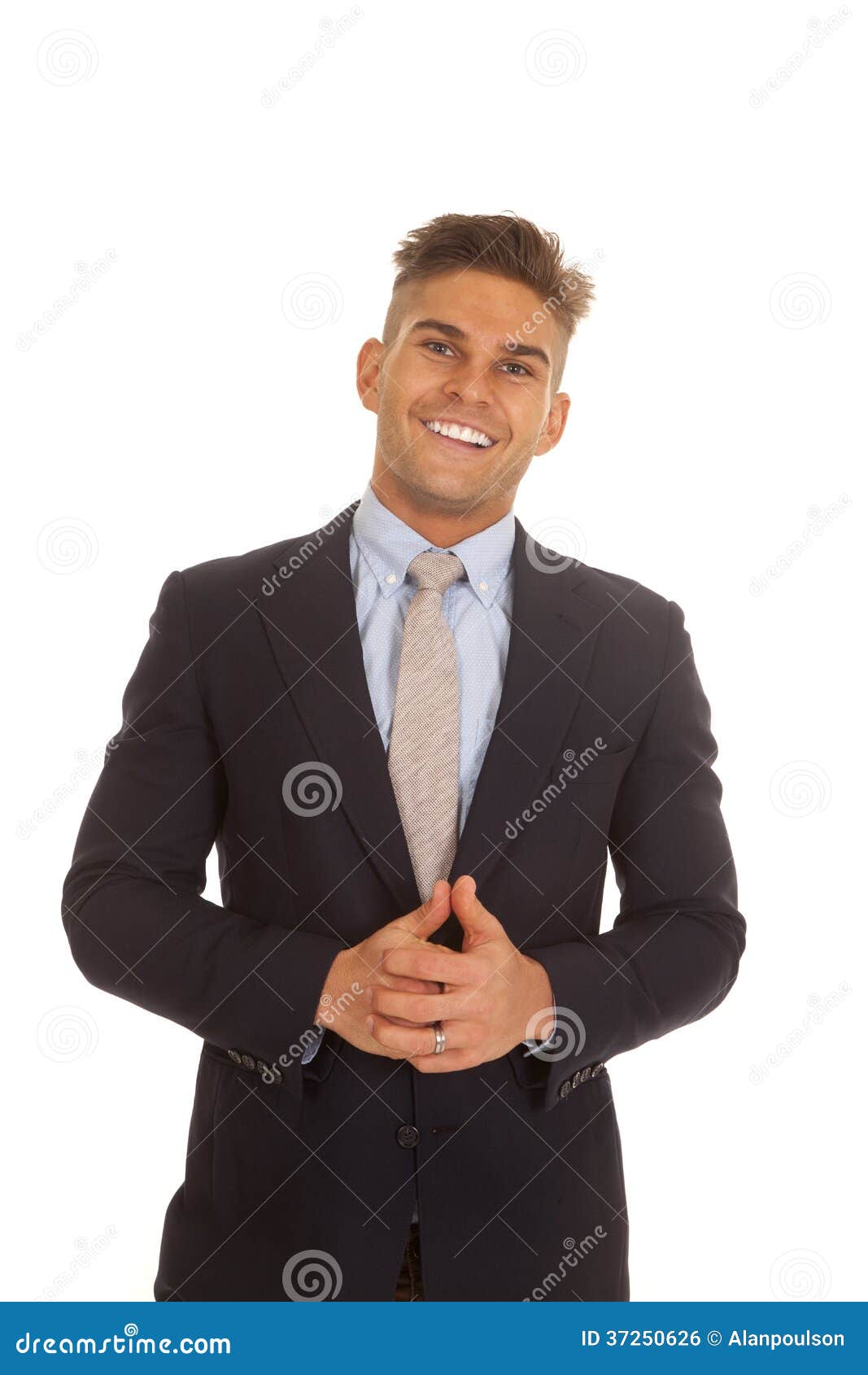 Man in Suit Coat Smile Hands Clasped Stock Photo - Image of formalwear ...