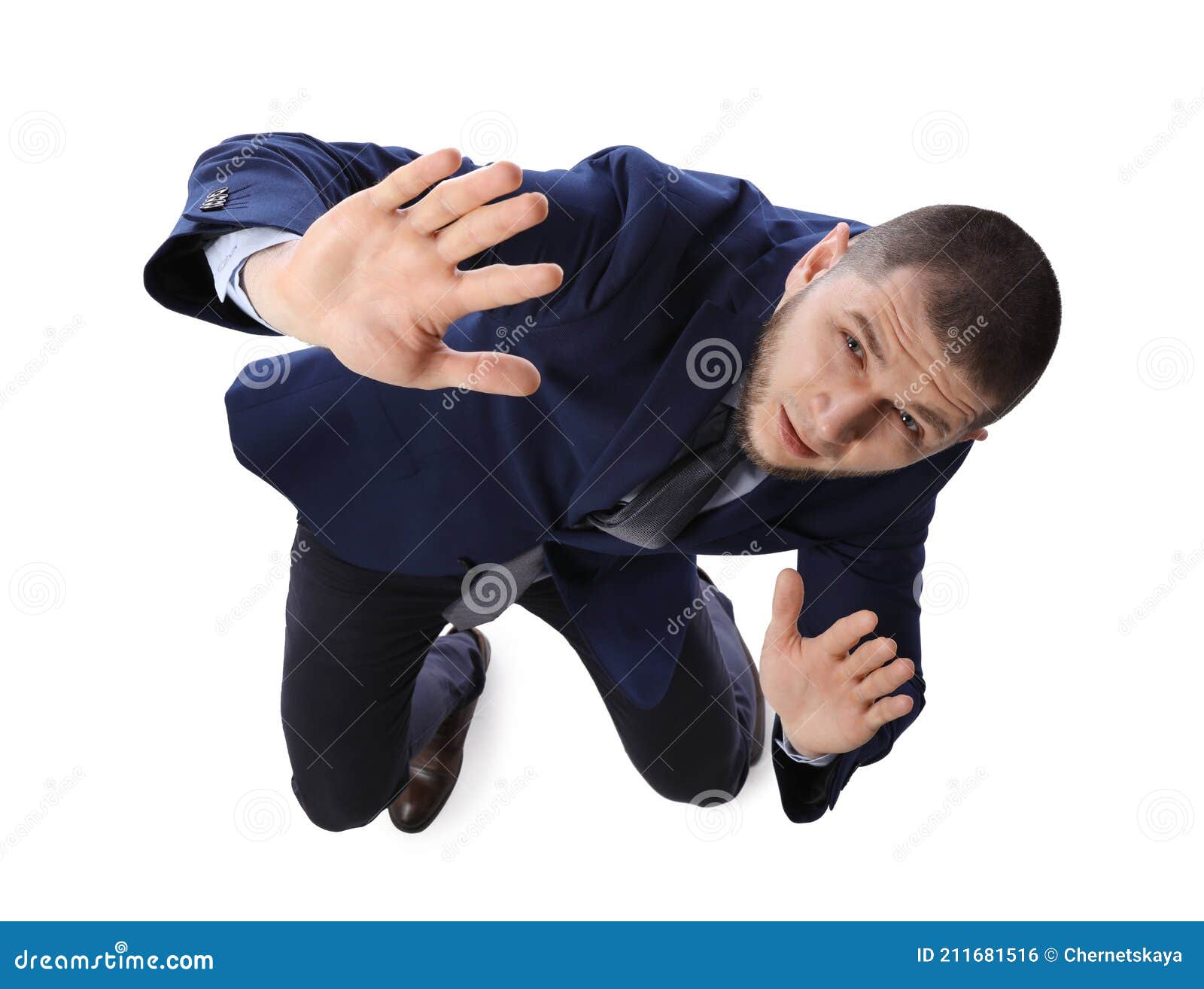 Man in Suit Evading Something on White Background, Above View Stock ...
