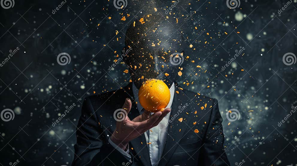 Man in Suit with Exploding Orange on Dark Background Stock Image ...