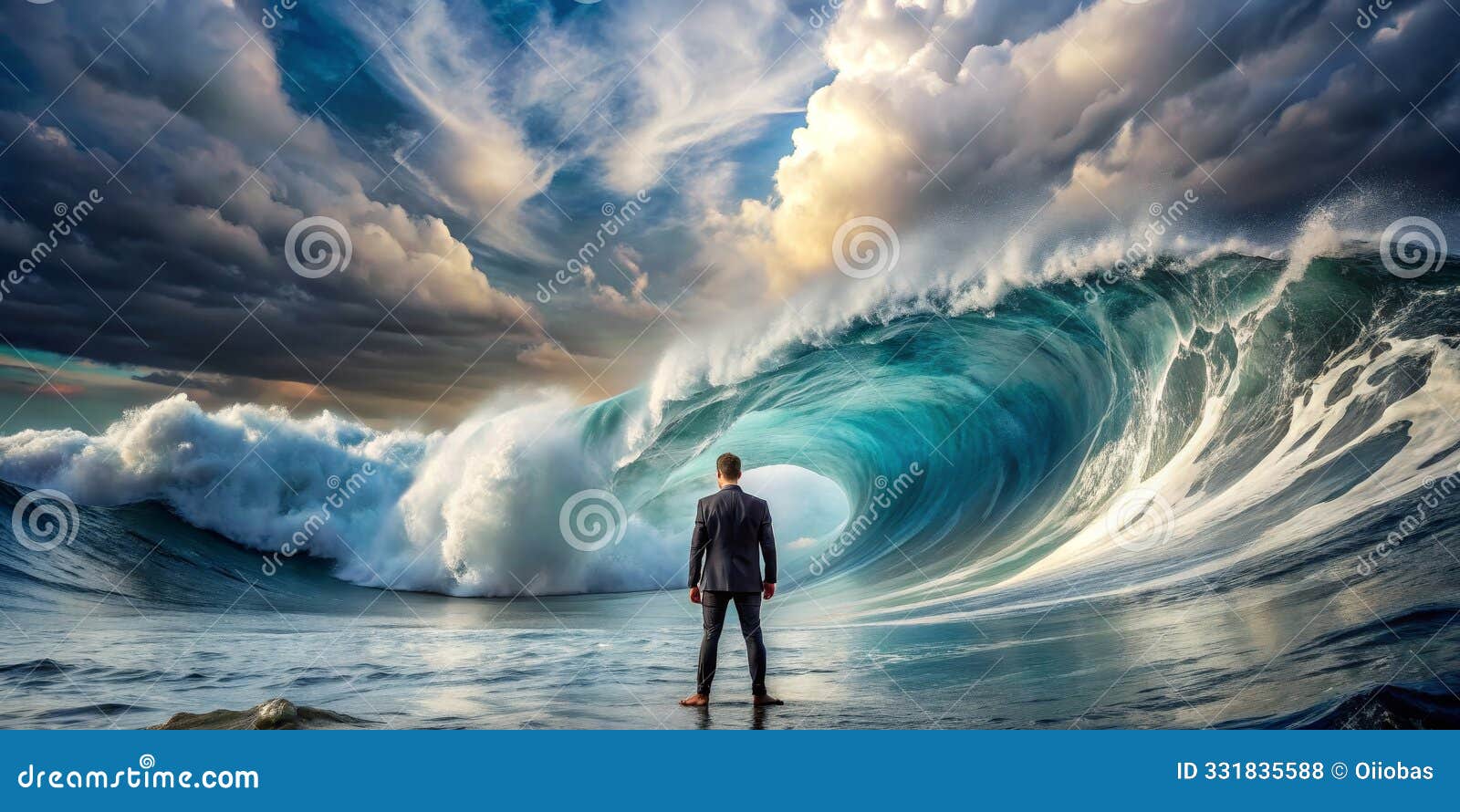 Man in Suit Facing Giant Wave, Dramatic Sky, Ocean, Storm, Power , Wave ...