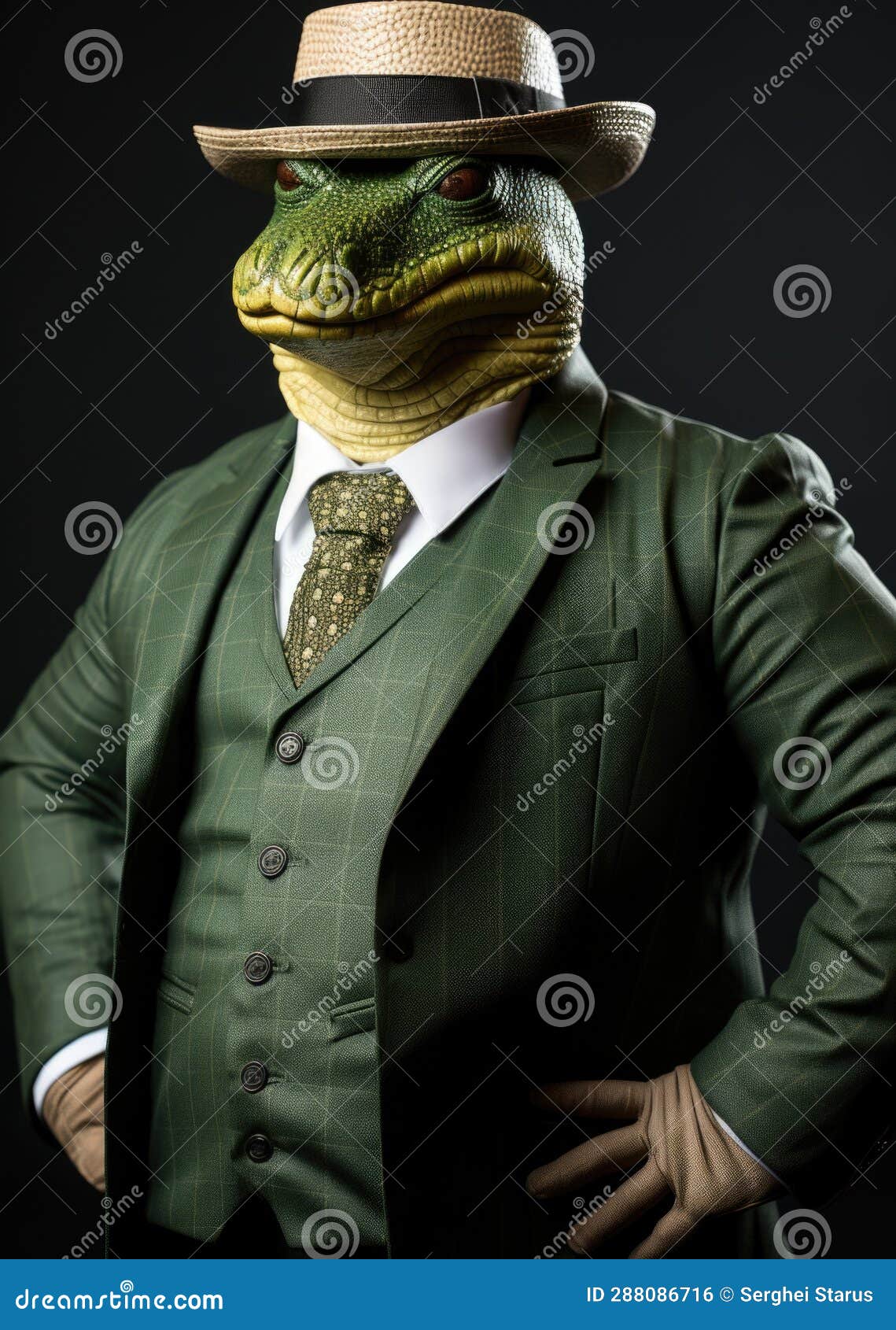 A Man in a Suit and Hat with a Lizard Head Mask, AI Stock Illustration ...