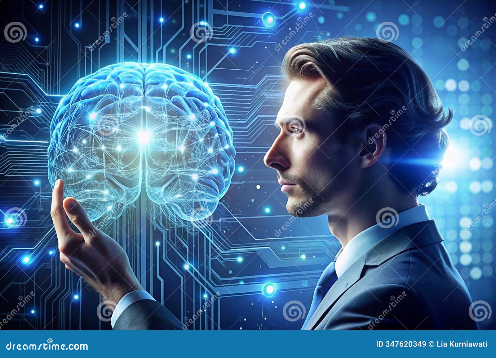 Man in Suit Holding a Digital Brain, Representing AI and Technology ...
