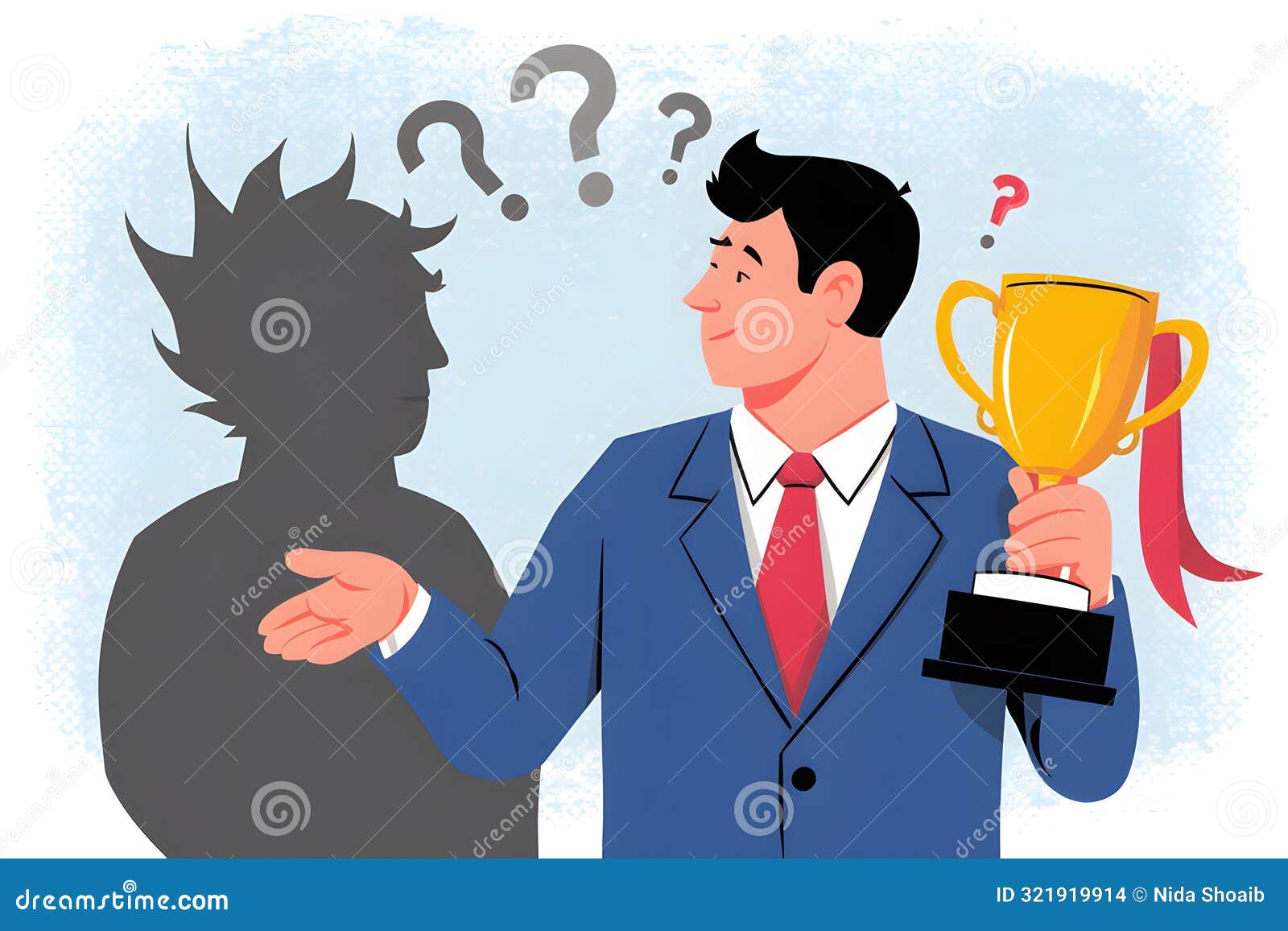 Man in Suit Holding Trophy with Shadow and Question Marks, Light Blue ...
