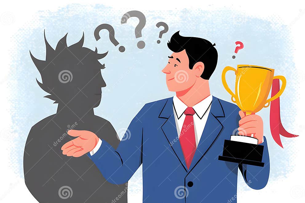 Man in Suit Holding Trophy with Shadow and Question Marks, Light Blue ...