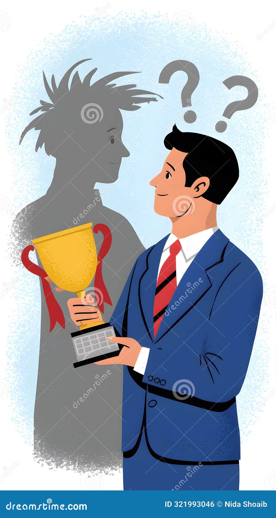 Man in Suit Holding Trophy with Shadow and Question Marks, Light Blue ...