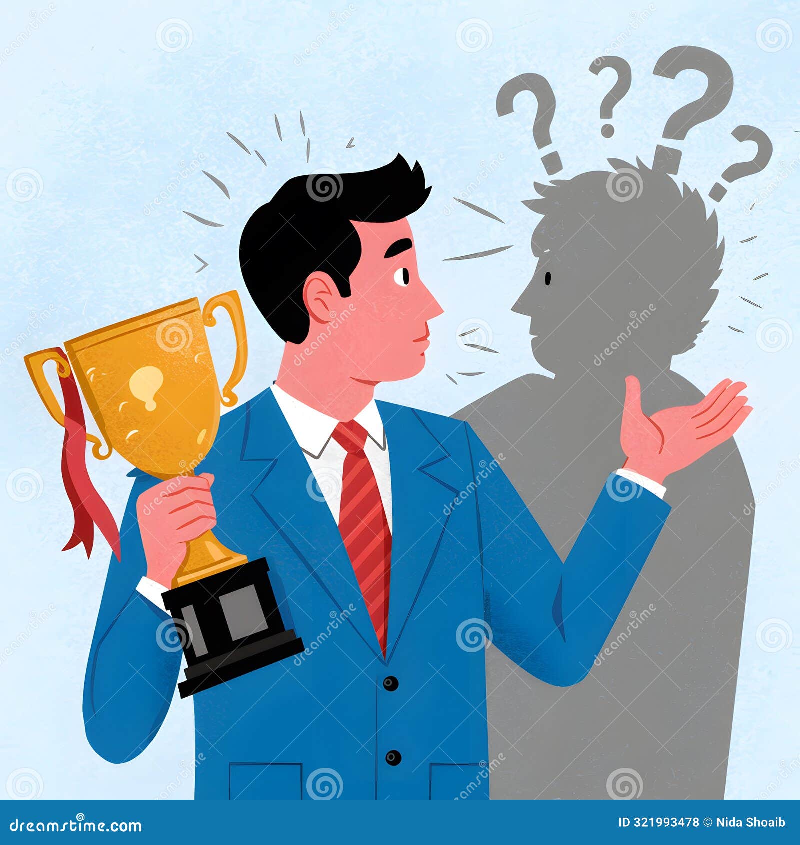 Man in Suit Holding Trophy with Shadow and Question Marks, Light Blue ...