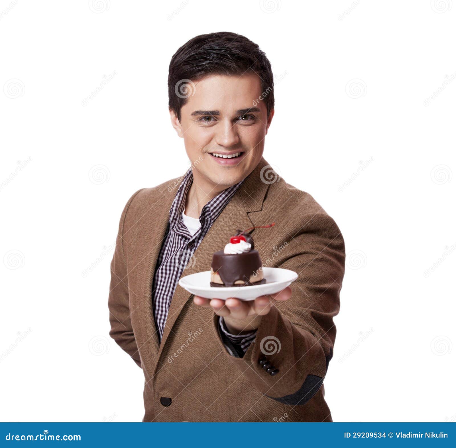 Man in Suit Holds Cake, Isolated on White Stock Photo - Image of ...
