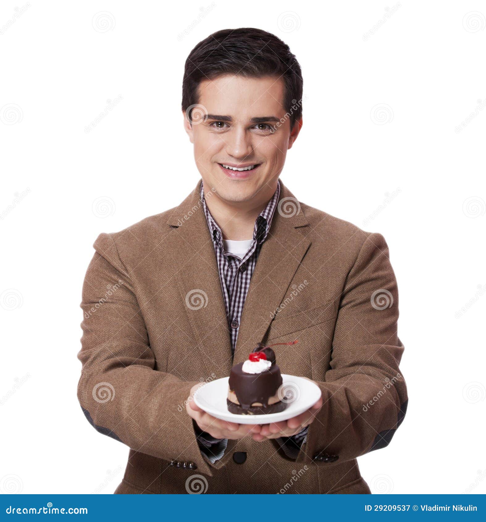 Man in Suit Holds Cake, Isolated on White Stock Image - Image of ...