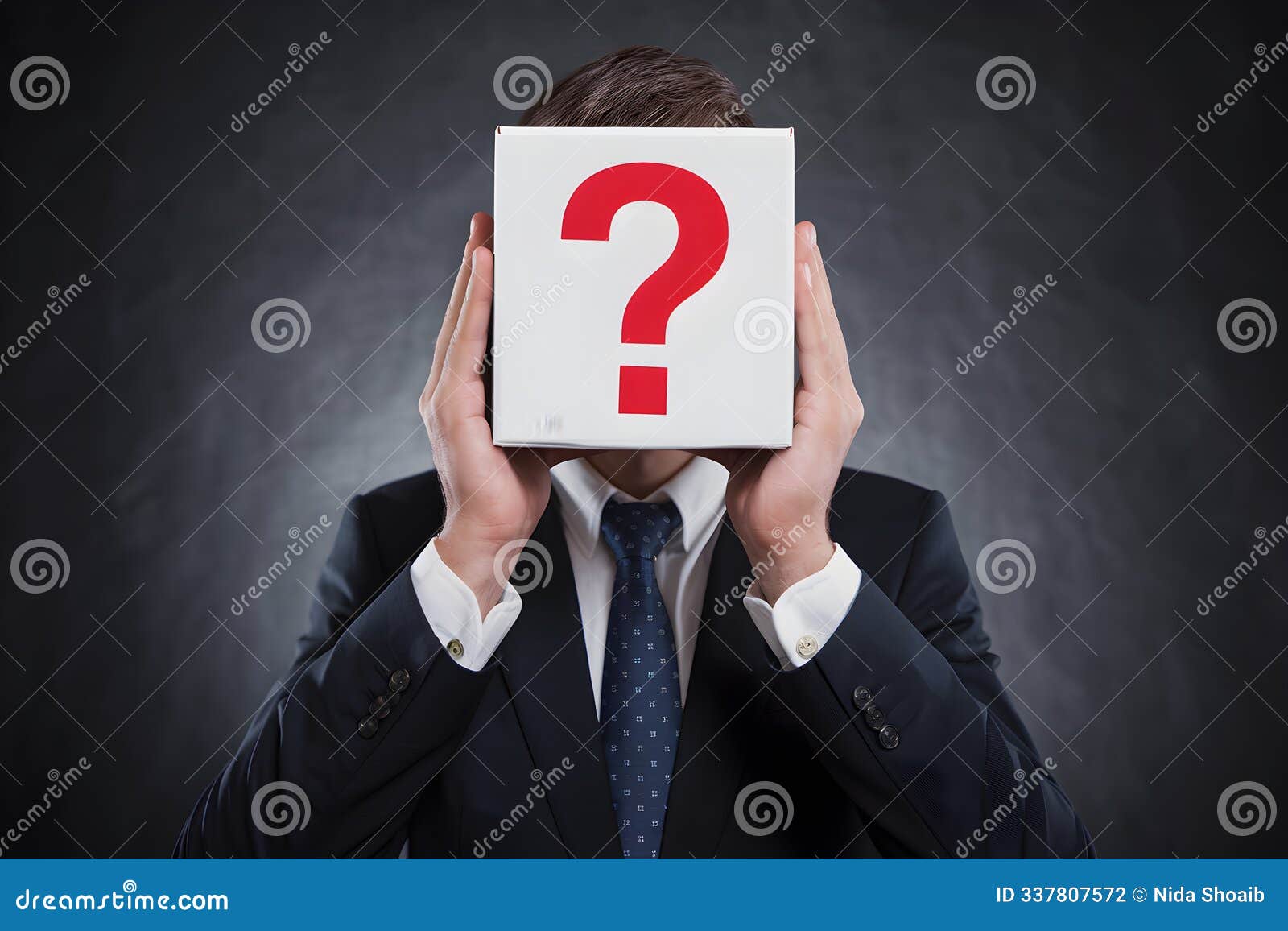 Man in Suit Holds White Box with Red Question Mark, Dark Gradient ...