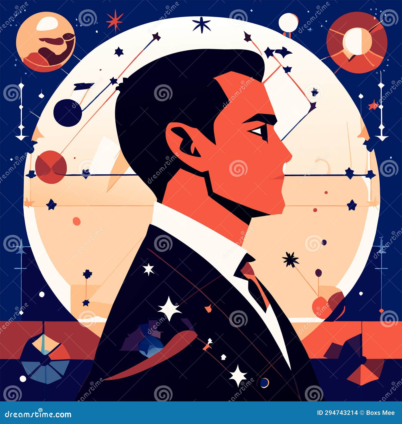 Man in Suit Looking at Solar System. Vector Illustration in Flat Style ...
