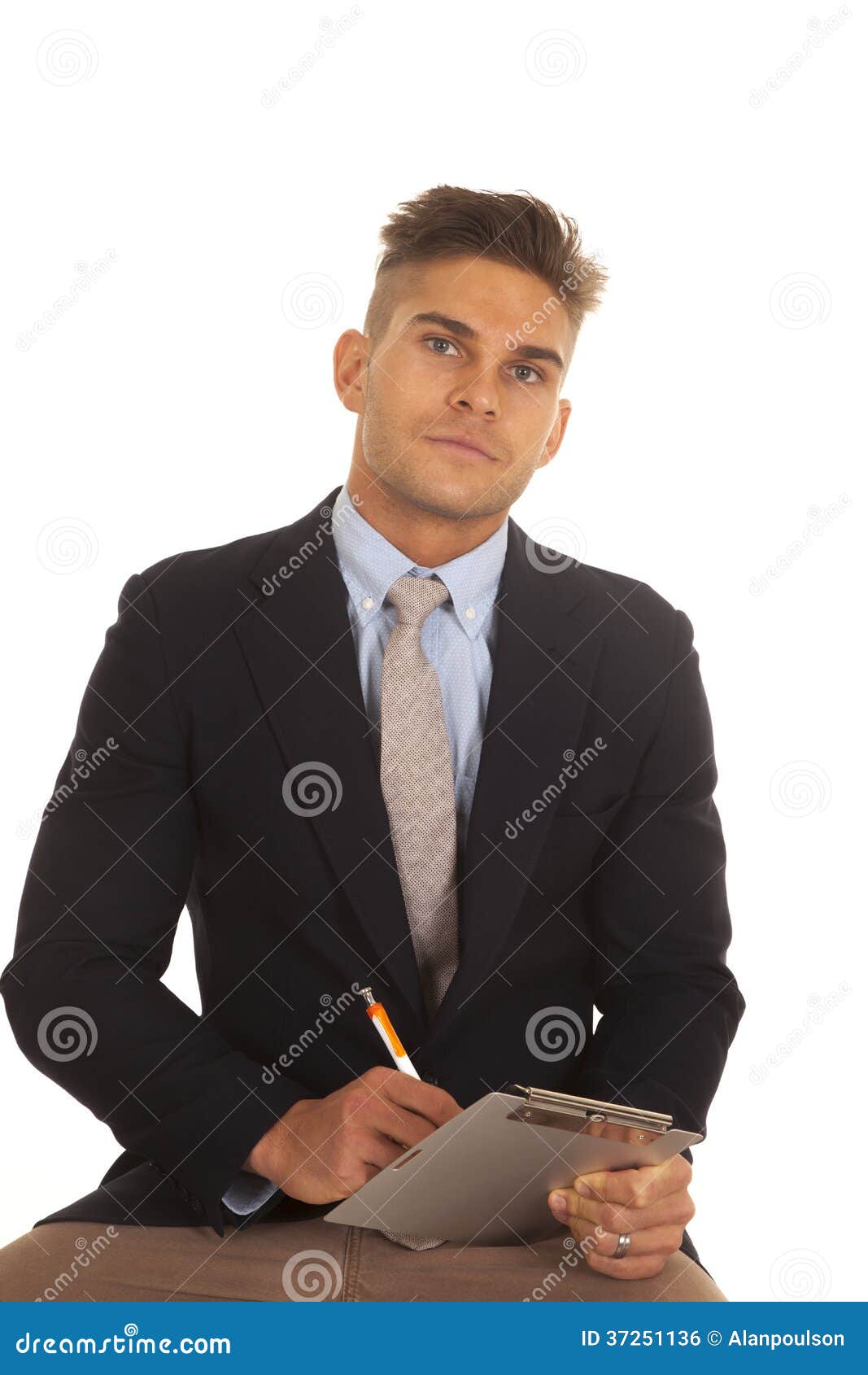 Man in Suit Notepad Look Up Stock Photo - Image of caucasian ...