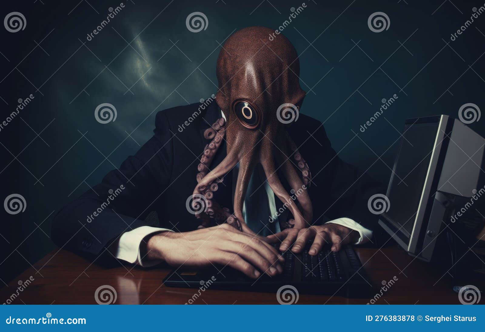 A Boss Man in a Suit with an Octopus Head on His Head Typing on a ...